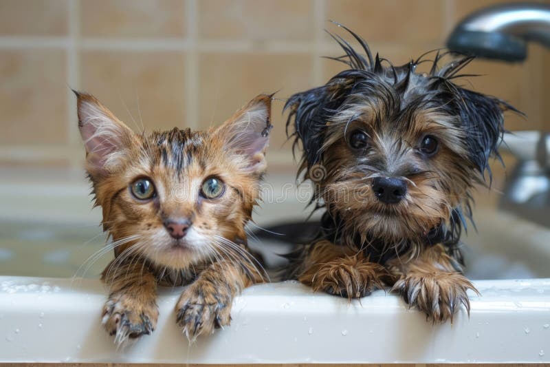 Wet Dog and Cat Peeking Over Bathtub Stock Image - Image of friendship ...