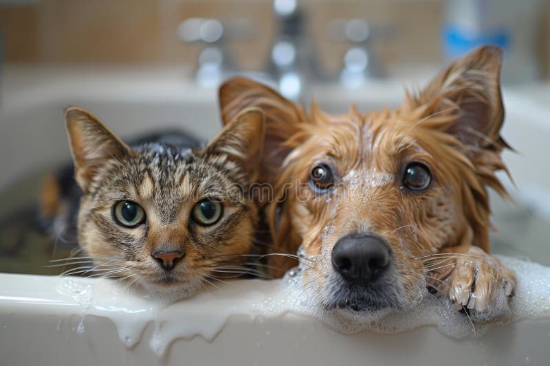 Wet Dog and Cat Peeking Over Bathtub Stock Photo - Image of bath, funny ...