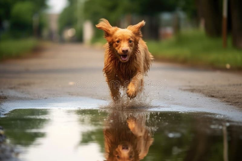 Wet Dog Shaking Near a Puddle, Causing a Water Ripple Effect Stock ...