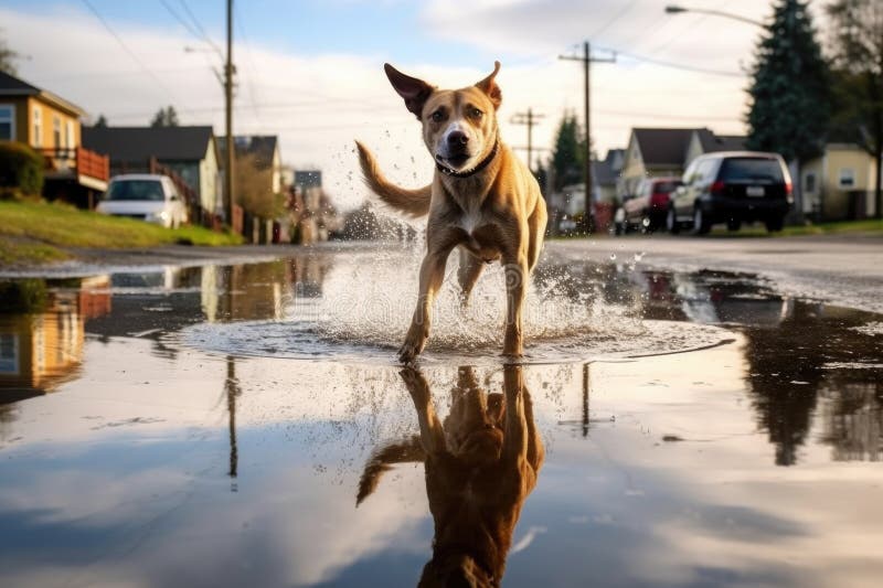 Wet Dog Shaking Near a Puddle, Creating Water Ripples Stock Image ...