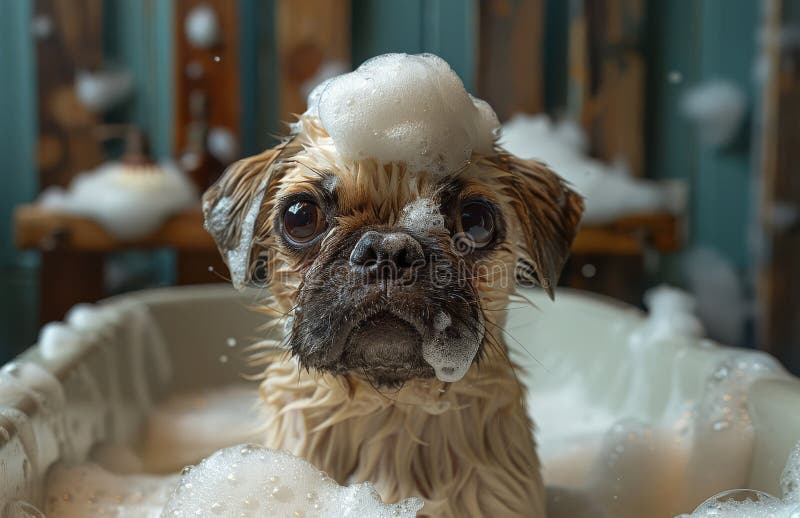 Dog Taking Bubble Bath with Soap and Towel on His Head Stock Image ...