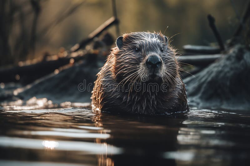 A Wet Eurasian Beaver Stands in the Water. Ai Generative Stock Image ...