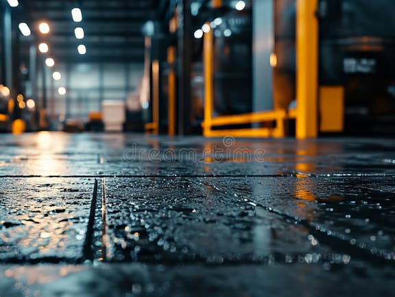 A Wet Floor in a Warehouse at Night with Lights on Stock Image - Image ...