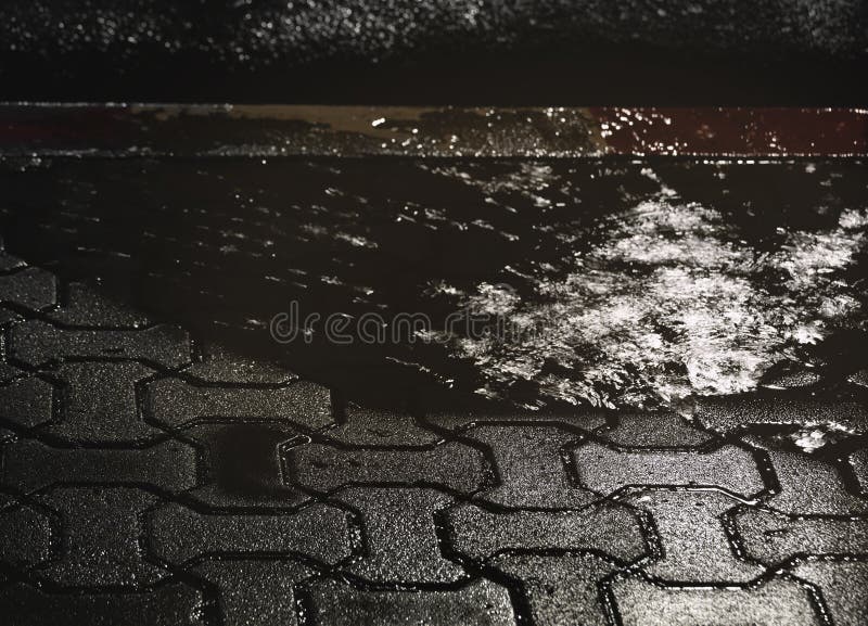 Wet Foot Path after Hard Rain Fall at Night Stock Image - Image of ...