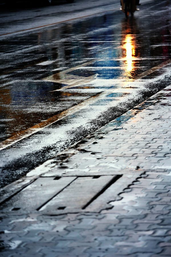 Wet Road in the City after Hard Rain Fall. Stock Image - Image of drive ...