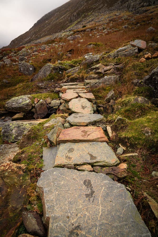 Wet Footprints on a Stone Path in a Mountain Landscape Stock Photo ...