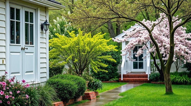 Wet Garden Path Leading To Charming Garden Shed after Rain Stock ...