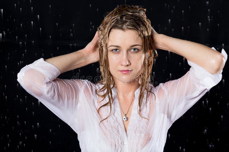 Wet Girl with Serious Face Under the Spray of Stock Image - Image of ...