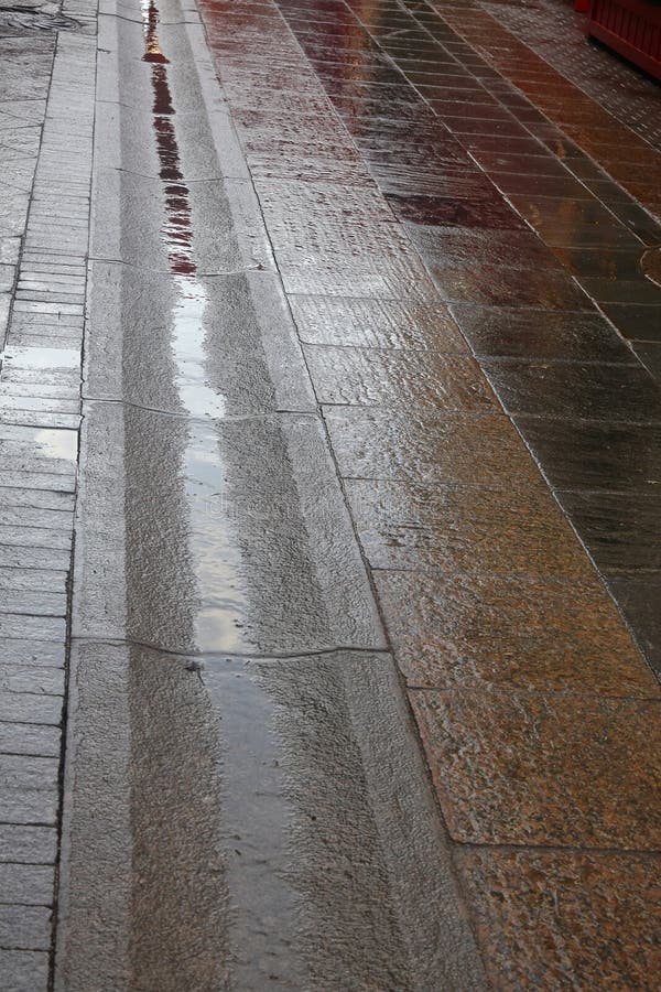 Wet Granite Pavement, Rain Gutter, Evening, BackgroundÐ± 2 Stock Photo - Image of street ...
