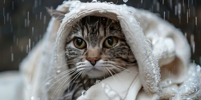 A Wet Gray Tabby Cat Wrapped in a White Towel Looking Grumpy after a ...