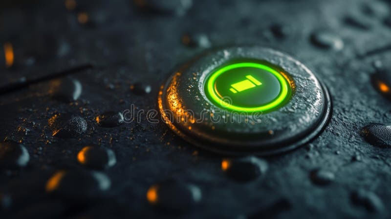 Wet Green Power Button with Illumination in Rain Stock Illustration ...