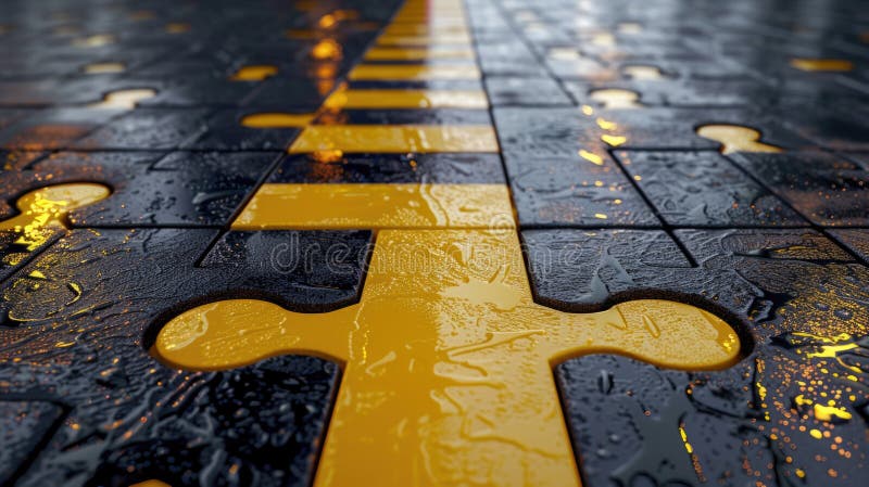 Wet Jigsaw Puzzle Pieces with Yellow Stripe on Reflective Surface Stock ...
