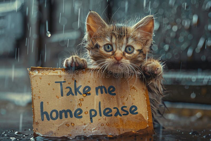 Wet Kitten in the Rain Holding a Sign "Take Me Home Please. Generative ...
