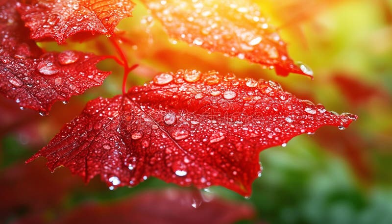 Wet Leaves. Red-green Leaves with Glowing Raindrops Stock Illustration ...