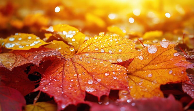 Wet Leaves. Red-yellow Leaves with Drops in the Rain Stock Illustration - Illustration of garden ...