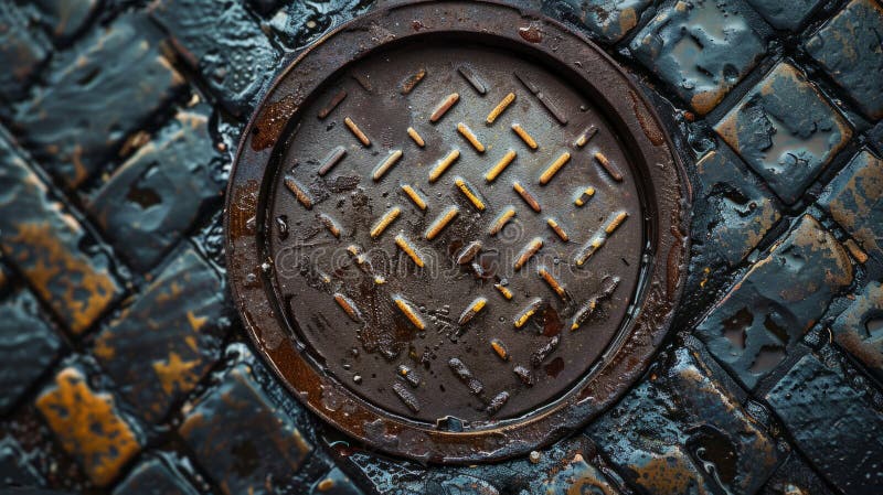 A Wet Manhole Cover on a Cobblestone Street Stock Photo - Image of ...