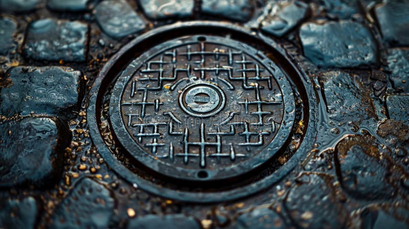 A Wet Manhole Cover on a Cobblestone Street Stock Photo - Image of ...