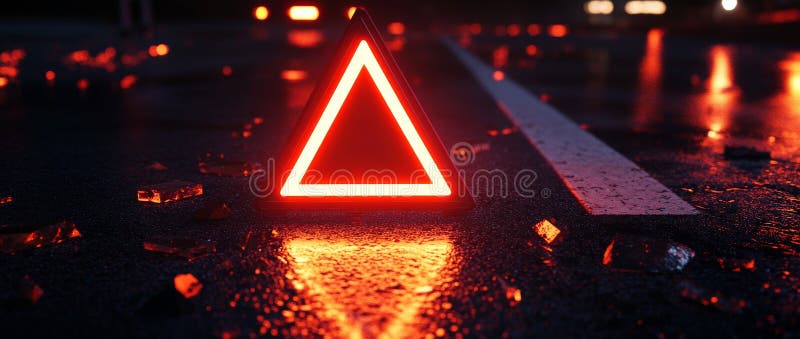 In a Wet, Misty Environment, a Red Illuminated Triangular Warning Sign ...