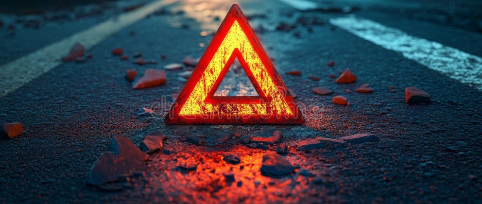 In a Wet, Misty Road, a Triangular Red Warning Sign Creates an Alert ...