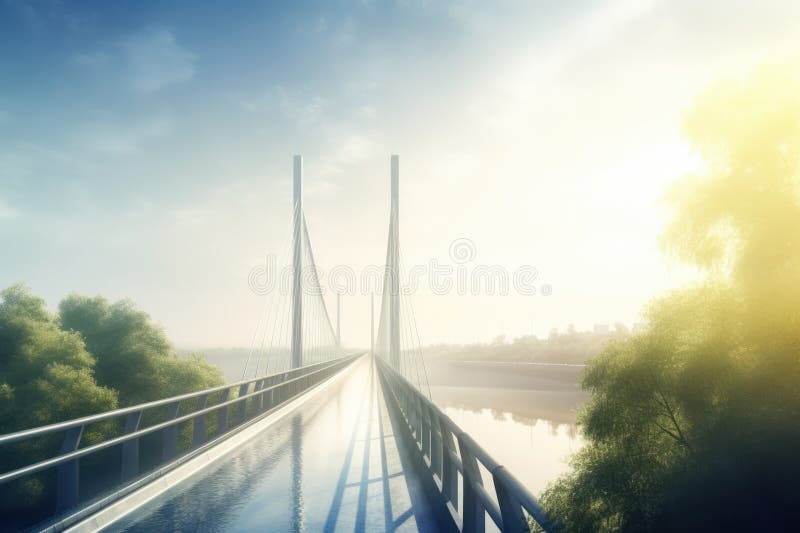 Wet Modern Bridge and Trees on Sunny Day, Created Using Generative Ai ...
