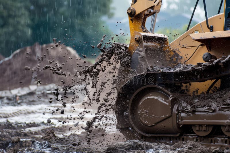 Wet Mud Splashing from Bulldozers Bucket in a Rainy Environment Stock ...