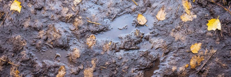 Wet Muddy Ground with Fallen Leaves and Natural Texture of Soil after ...
