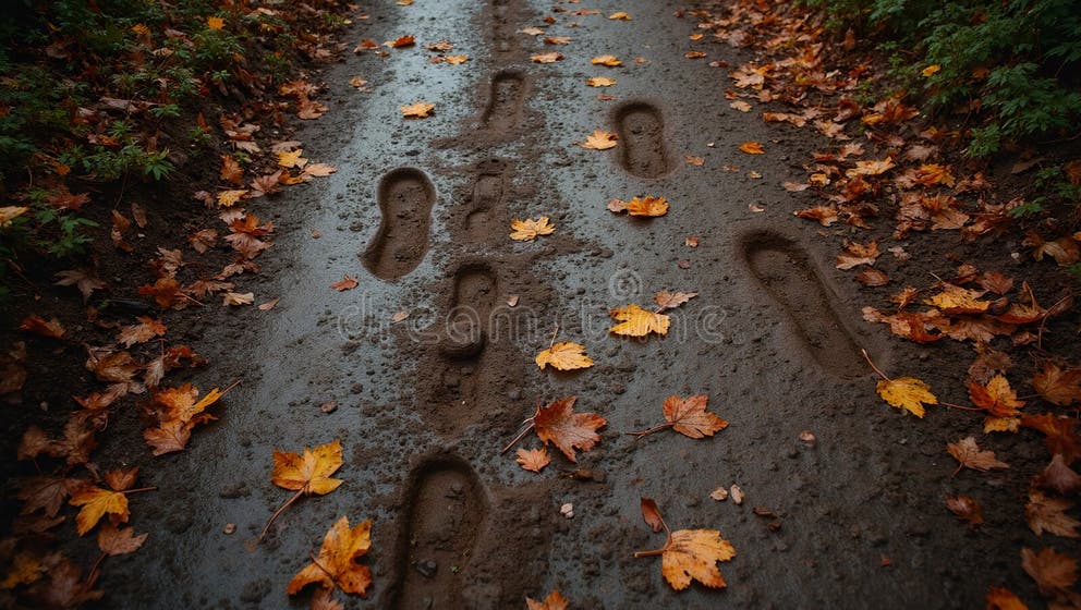 Wet Muddy Path with Footprints Leaves in Forest Setting Stock ...
