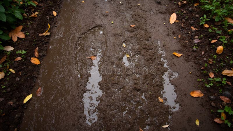 Wet Muddy Path with Footprints Leaves in Forest Setting Stock ...