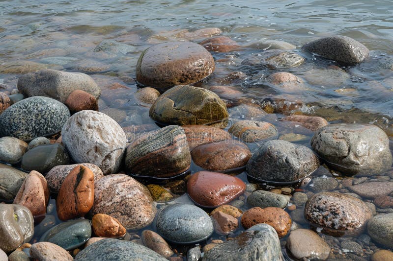Wet Multi Colored Pebbles at the Edge of a Tranquil Lake Stock Image ...
