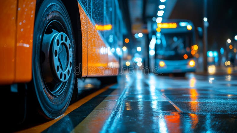 Wet Night Bus Stop Orange Bus Wheel Detail Stock Illustration ...