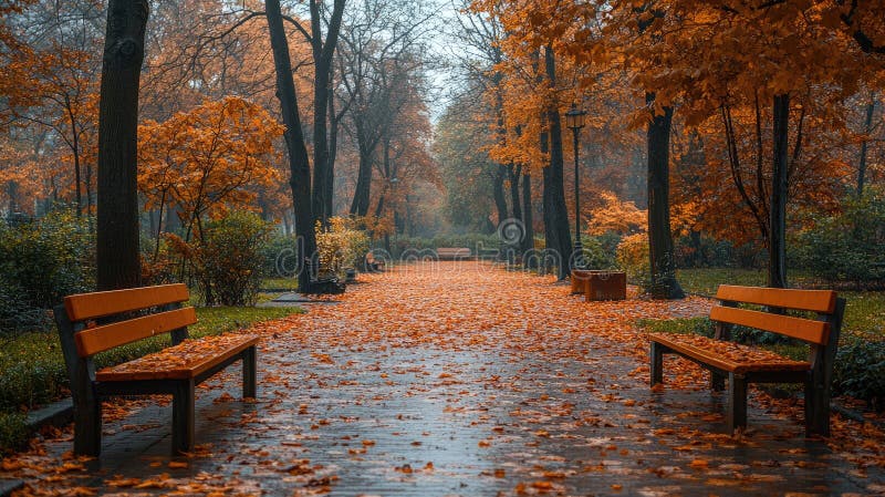 Wet Pathway Covered with Fallen Leaves Leading through an Autumn Park ...