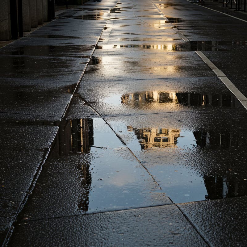 Wet Pavement Reflecting a Building with Classical Architecture during ...