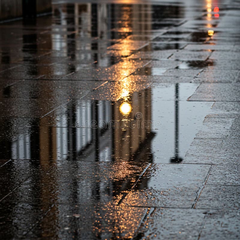 Wet Pavement Reflecting City Lights and Building Structures. the ...