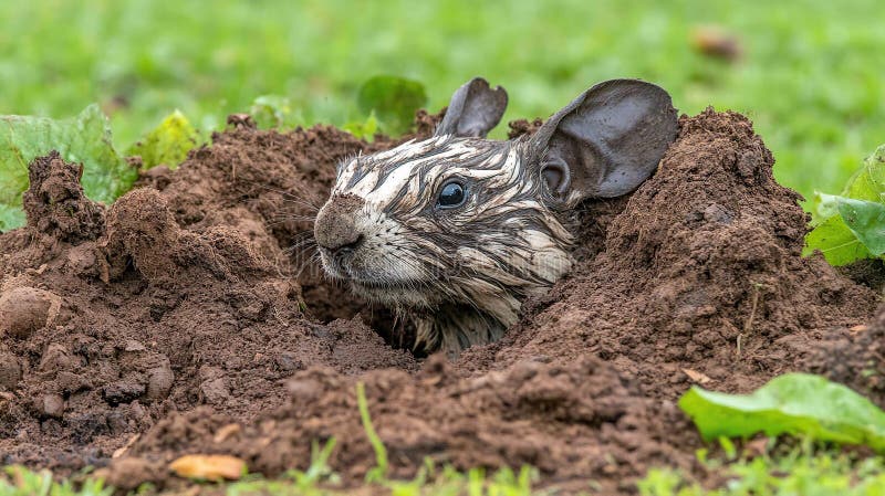 Wet Rabbit Emerging from Burrow, Grassy Field Stock Photo - Image of ...
