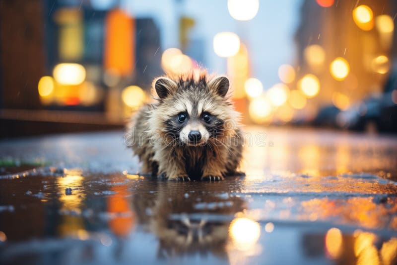 Wet Raccoon in a Puddle Under City Lights Stock Image - Image of generated, city: 301610723