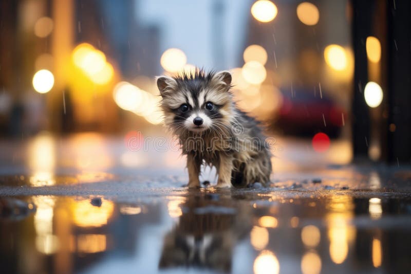 Wet Raccoon in a Puddle Under City Lights Stock Photo - Image of ...