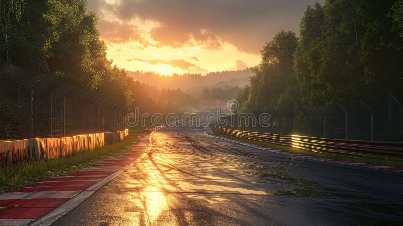 Wet Race Track at Sunset with Lush Green Trees Stock Illustration ...