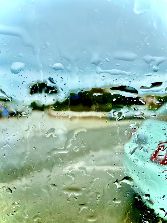 Wet Rainy Day through Glass Windows with Raindrops Stock Image - Image ...