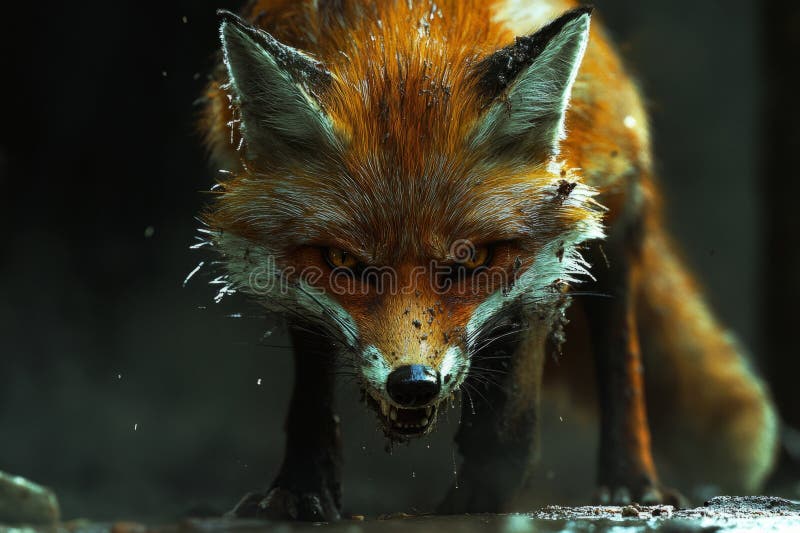 Wet Red Fox Standing on Dark Ground Stock Photo - Image of cautious ...