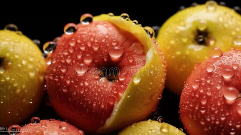 Wet Red Quince Fruit with Leaves Blurry Background Stock Illustration ...