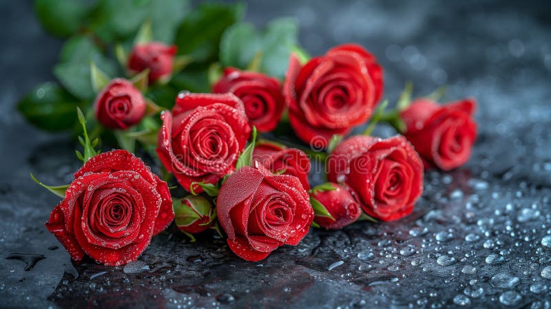 Wet Red Roses with Dewdrops on Dark Reflective Surface Stock ...
