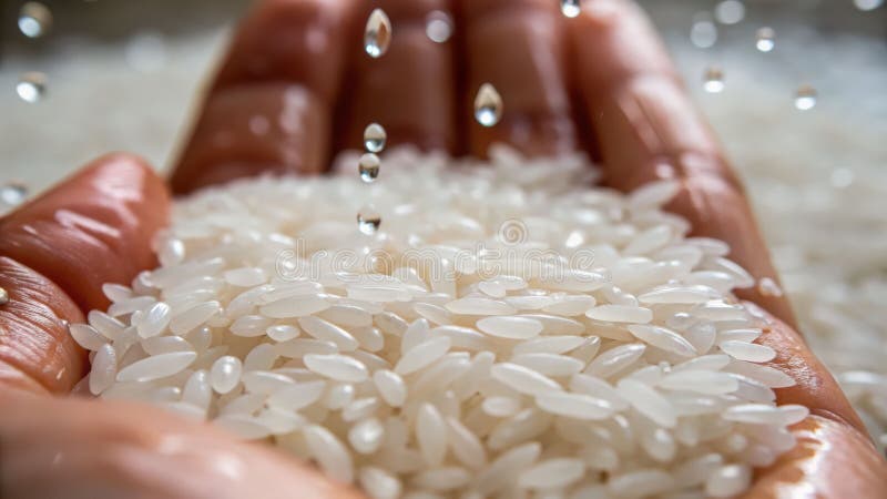 Wet Rice Grain Close Up with Water Drops Falling on Hand Creating Soft ...