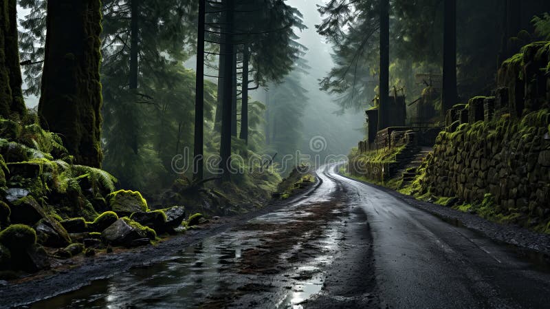 Wet Road in the Forest and Fog. Generative AI. Stock Illustration ...