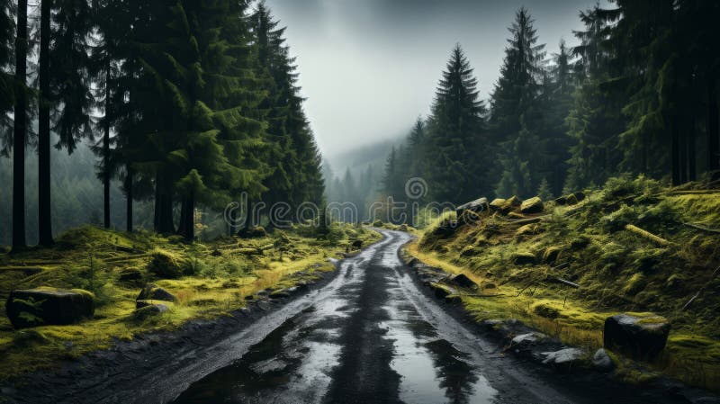 Wet Road in the Forest and Fog. Generative AI. Stock Illustration ...
