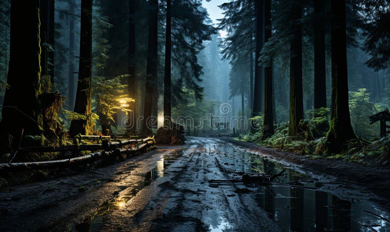 Wet Road through Forest stock image. Image of elements - 324552551