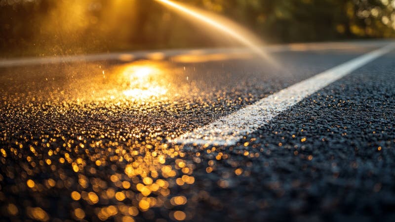 Wet Road Glistening Under Sunlight with Water Spray Effect. Stock Image ...