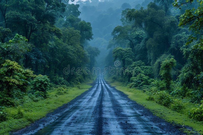 A Wet Road Meanders through a Dense Forest, Surrounded by Lush Greenery ...