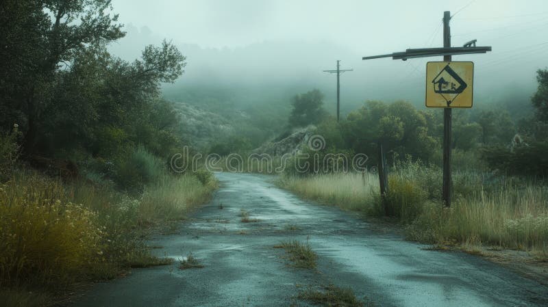 A Wet Road with a Sign on it Stock Illustration - Illustration of sign ...