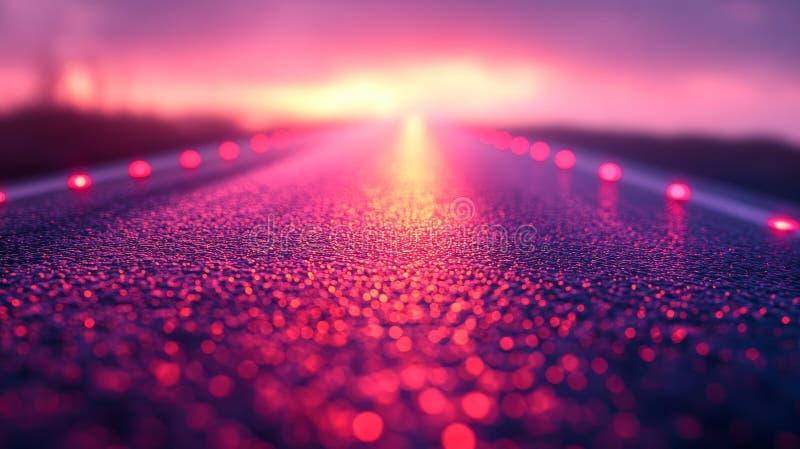 Wet Road at Sunset with Glowing Lights and Reflections Stock Photo ...