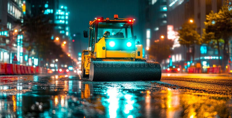On a Wet Road, a Yellow Machine is Applying a Black Material and ...